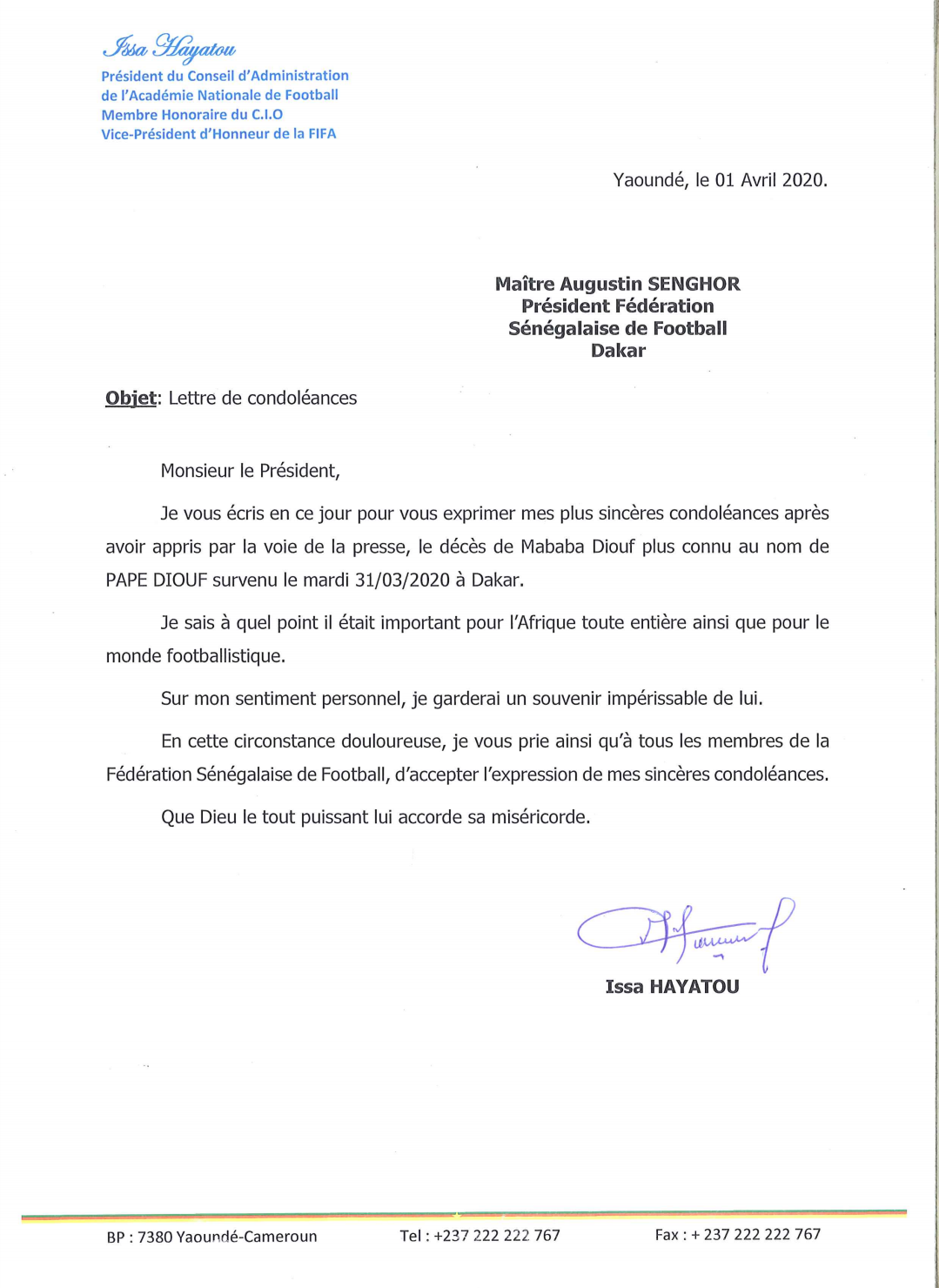 Disparition de Pape Diouf : L'ancien président de la CAF, Issa Hayatou ...