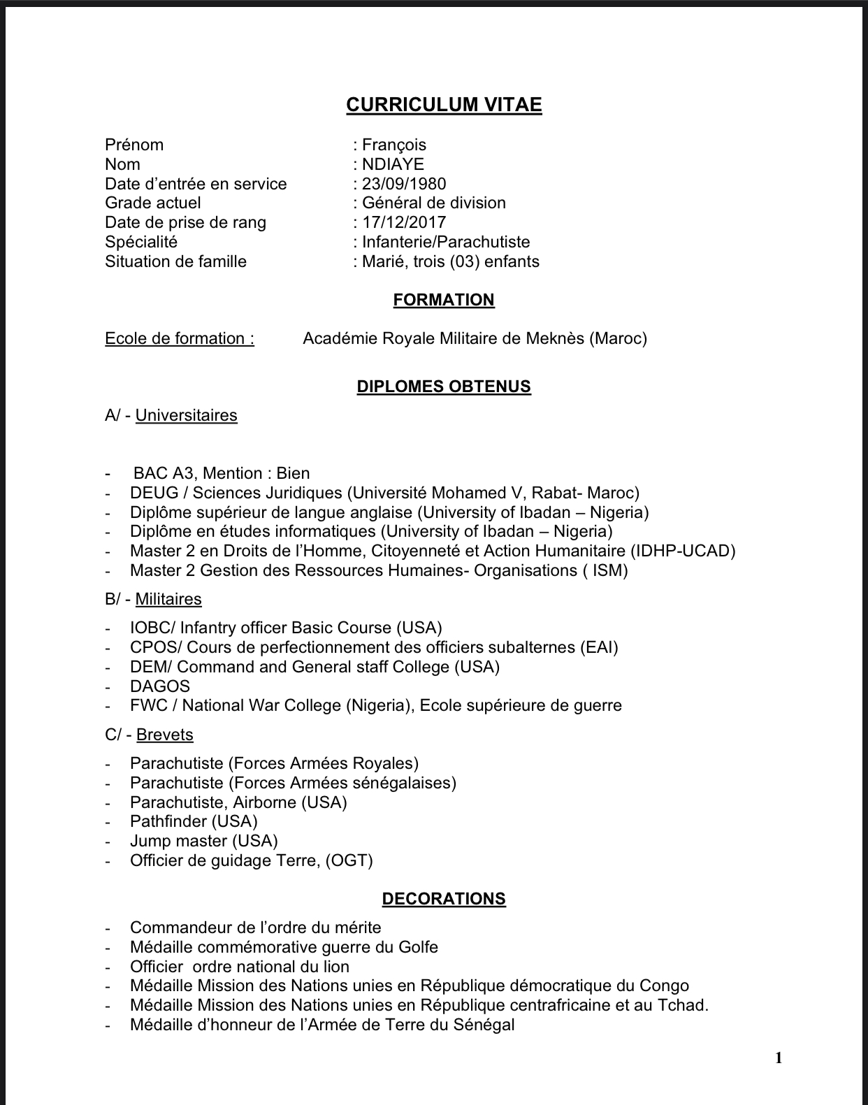 Après le départ du général François Ndiaye : Le général Daouda Niang ...